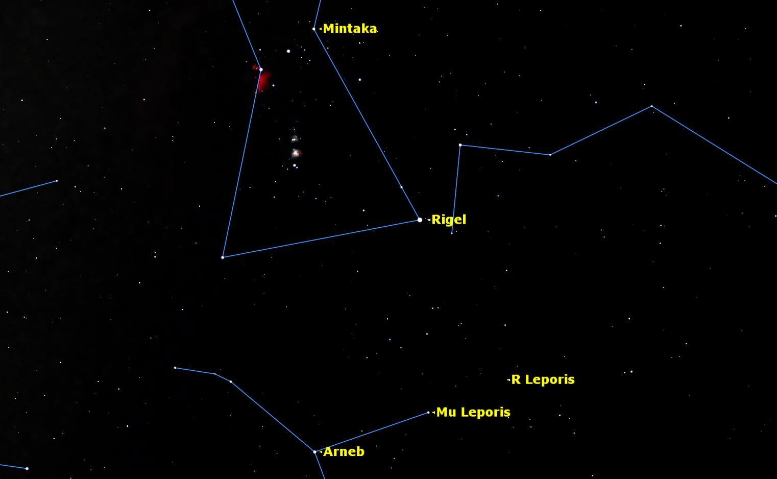 R Leporis is a 7th magnitude star, so you will need binoculars to spot ...